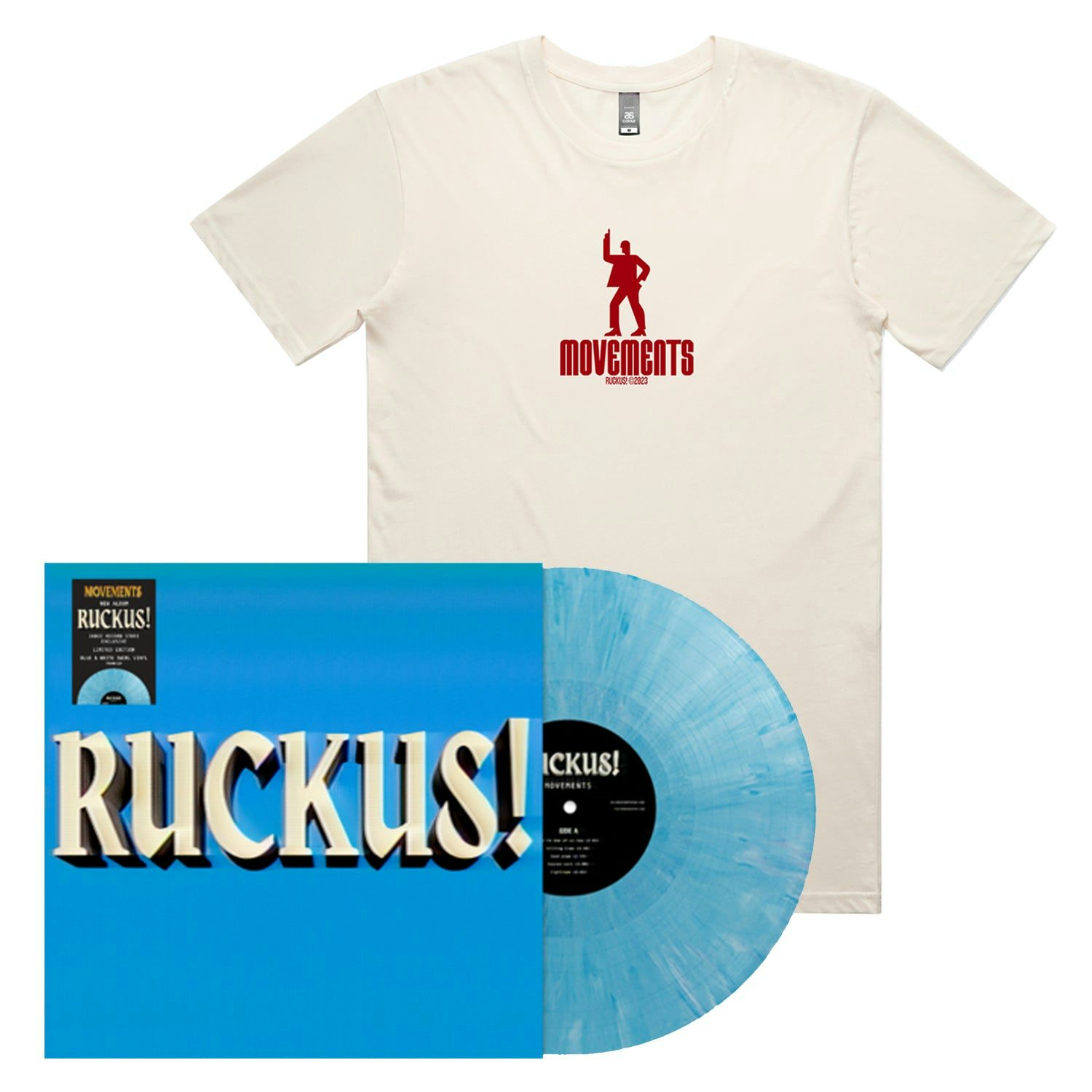 Movements RUCKUS! LP (Blue & White Swirl Vinyl) + Dancer T-Shirt (Natural)