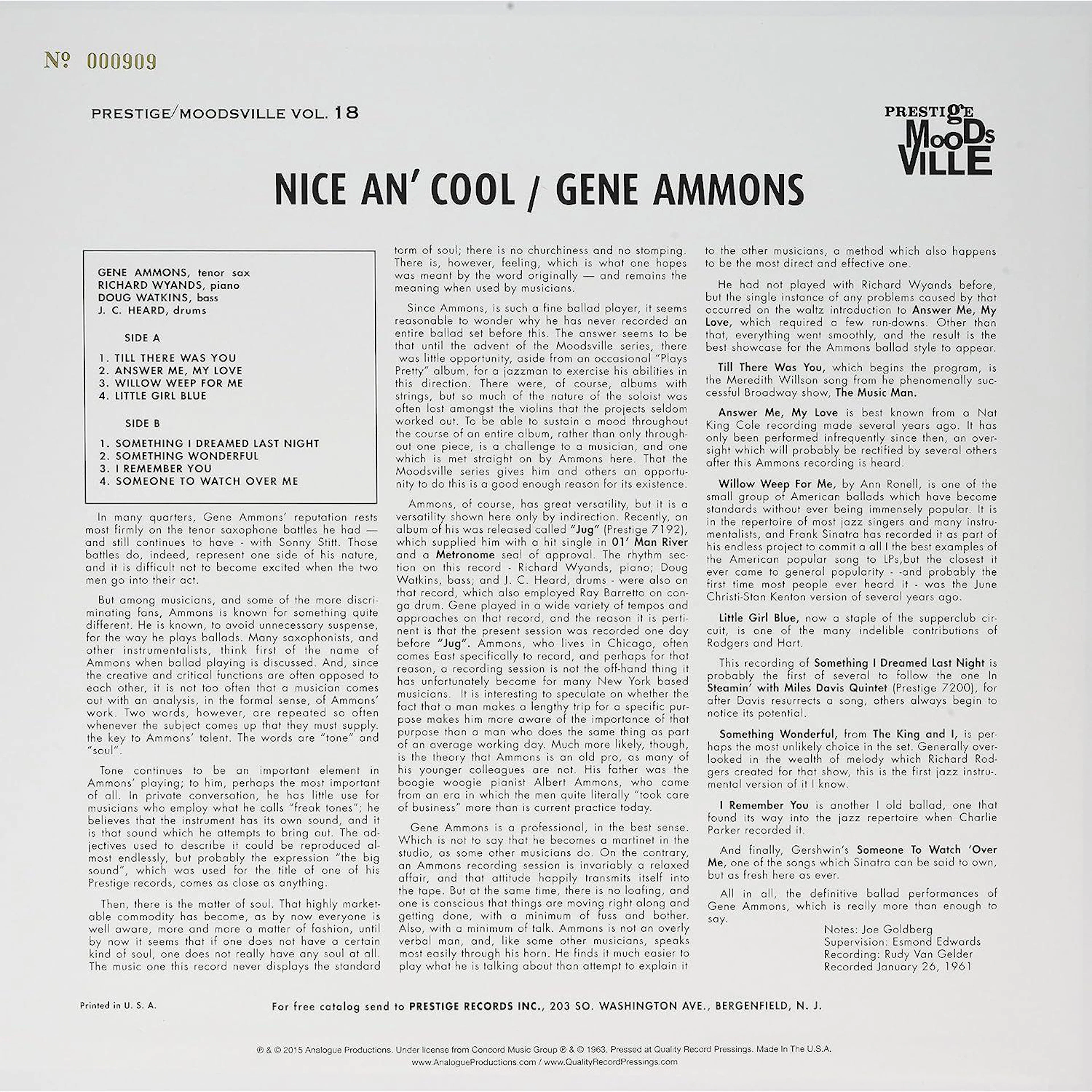 Gene Ammons Nice An' Cool (200g) Vinyl Record